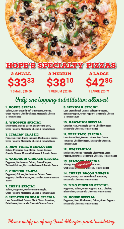 Menu – Hope Pizza Place